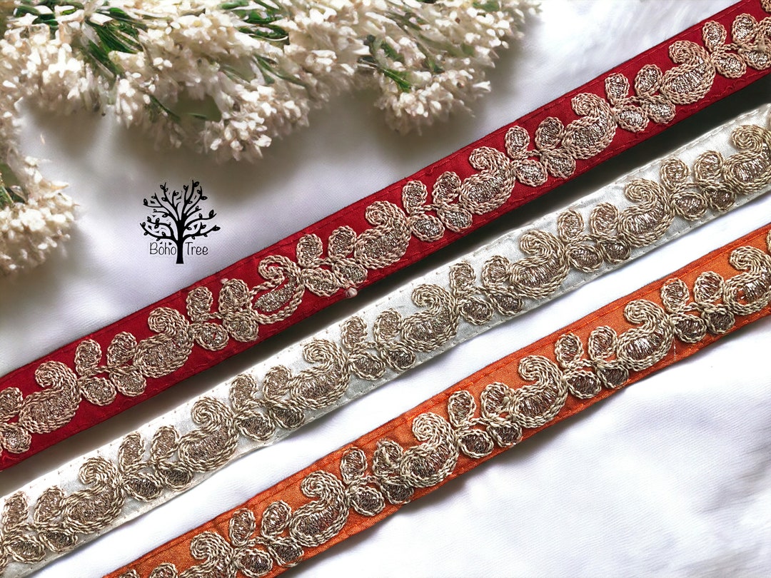 Fabric Embroidered Trim-silk Sari Border Lace-paisley Vine Design-red ...