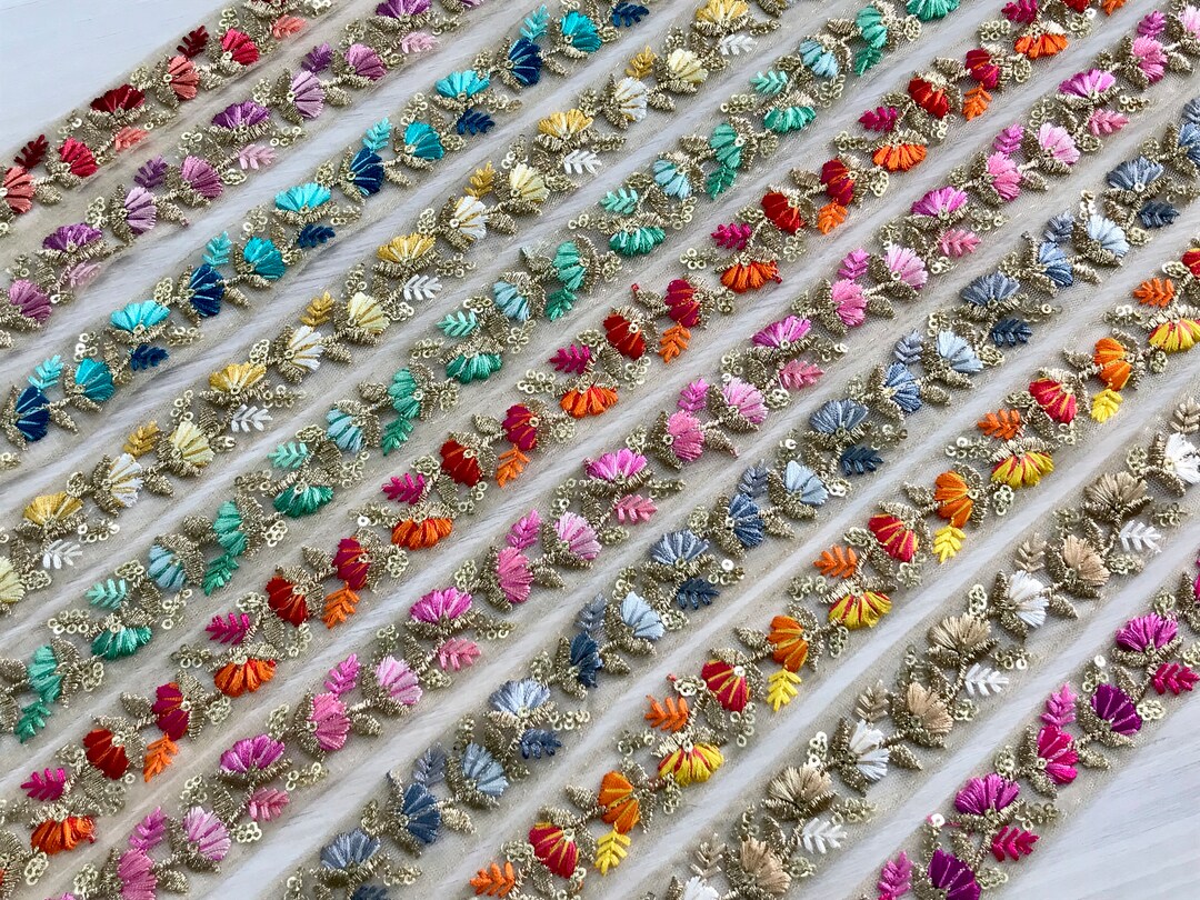 Floral Fabric Trim-multi Colour Embroidered Sari Border-silk Sari ...