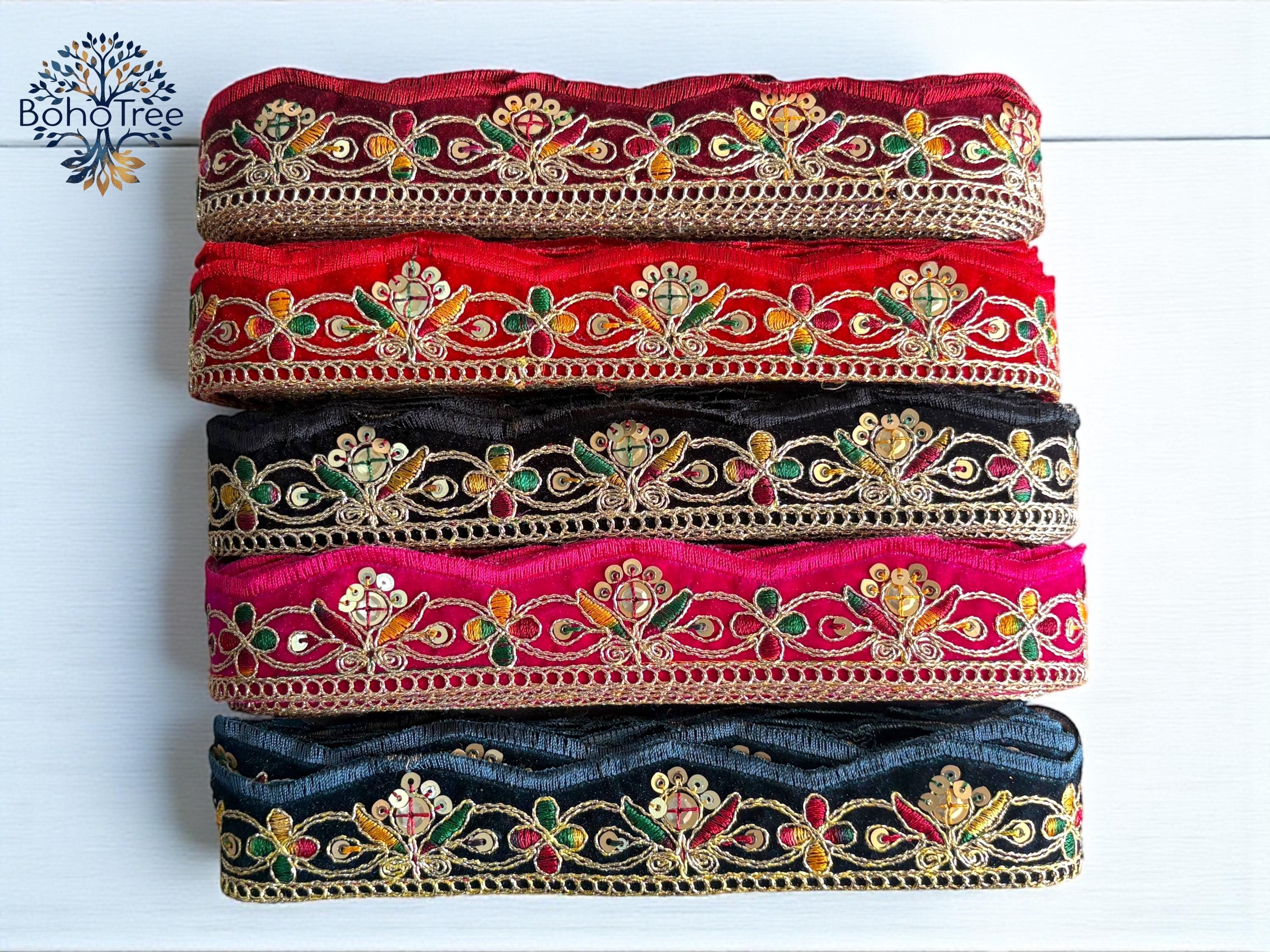 Embroidered Velvet Saree Border, Multi-colored Fabric Trim, DIY ...