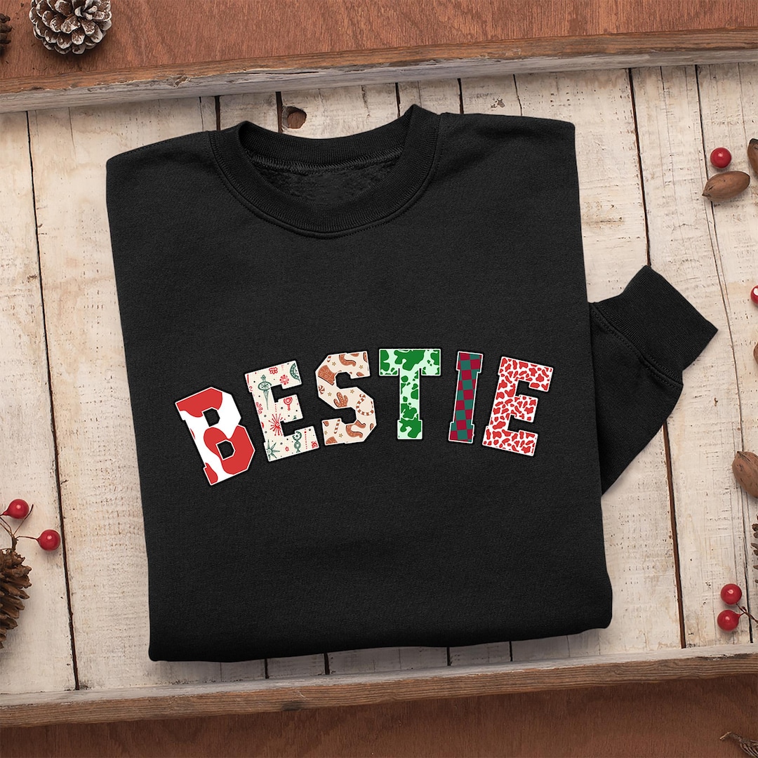 Bestie Cow Print Sweater, Modern Patch Christmas Pattern, Matching ...