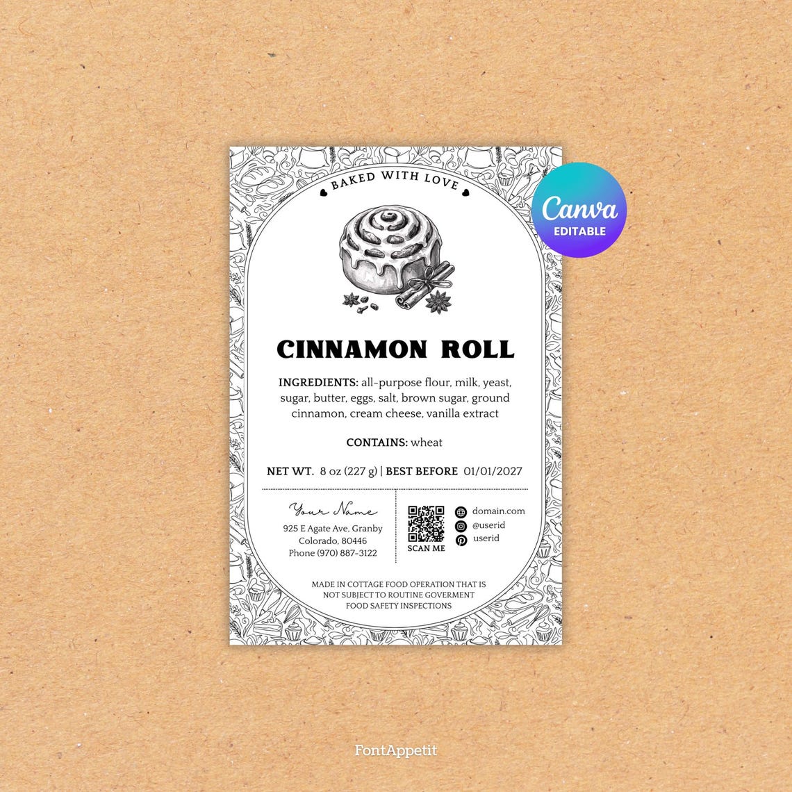 Bakery Food Labels for Cinnamon Rolls, Editable Cottage Food Template ...