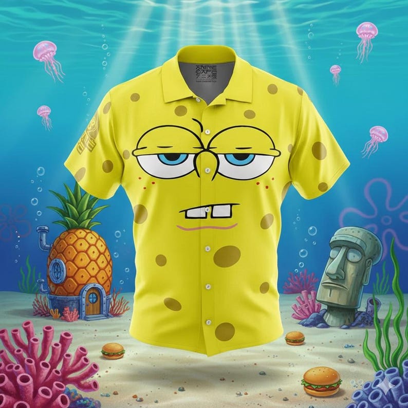 Bored Face Spongebob Squarepants Button up Hawaiian Shirt – Fun Cartoon ...