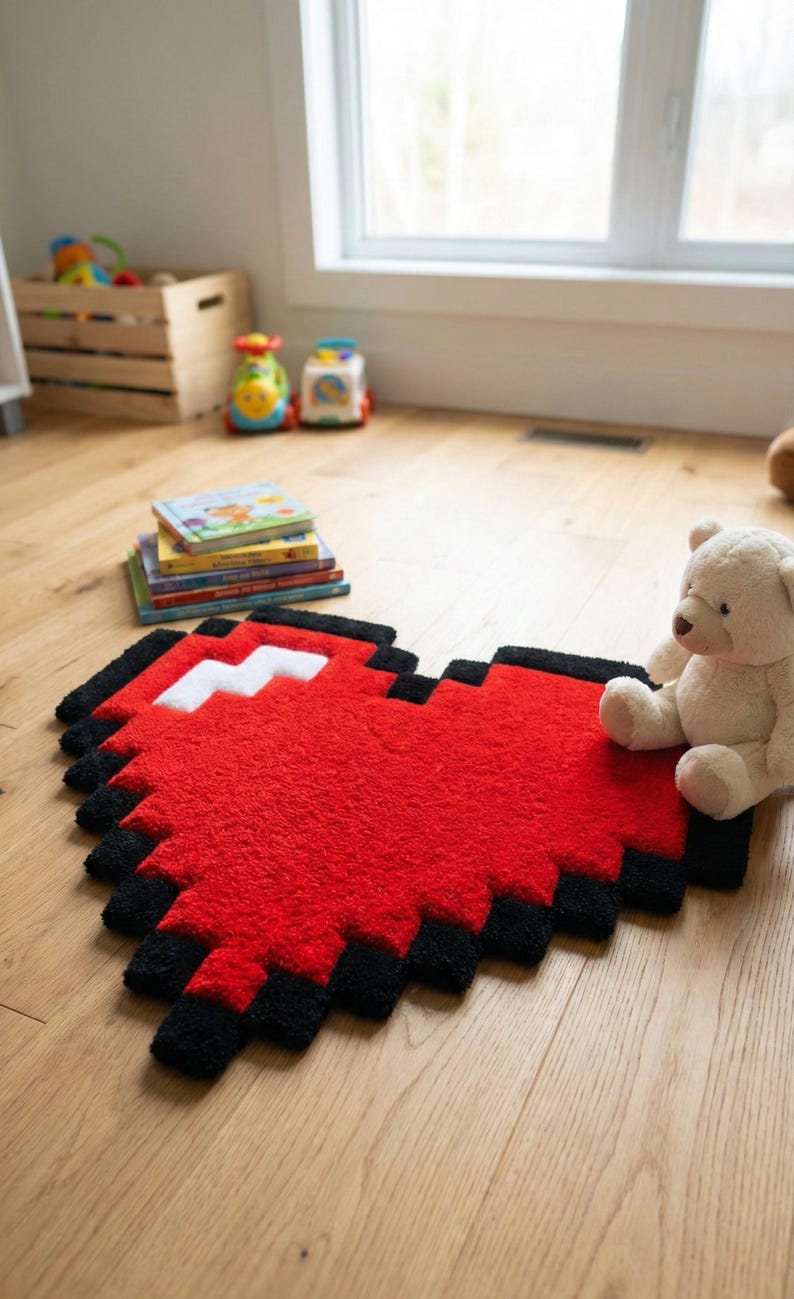 Retro Pixel Heart Area Rug Custom Tufted Gamer Rug Cozy Handmade Floor ...