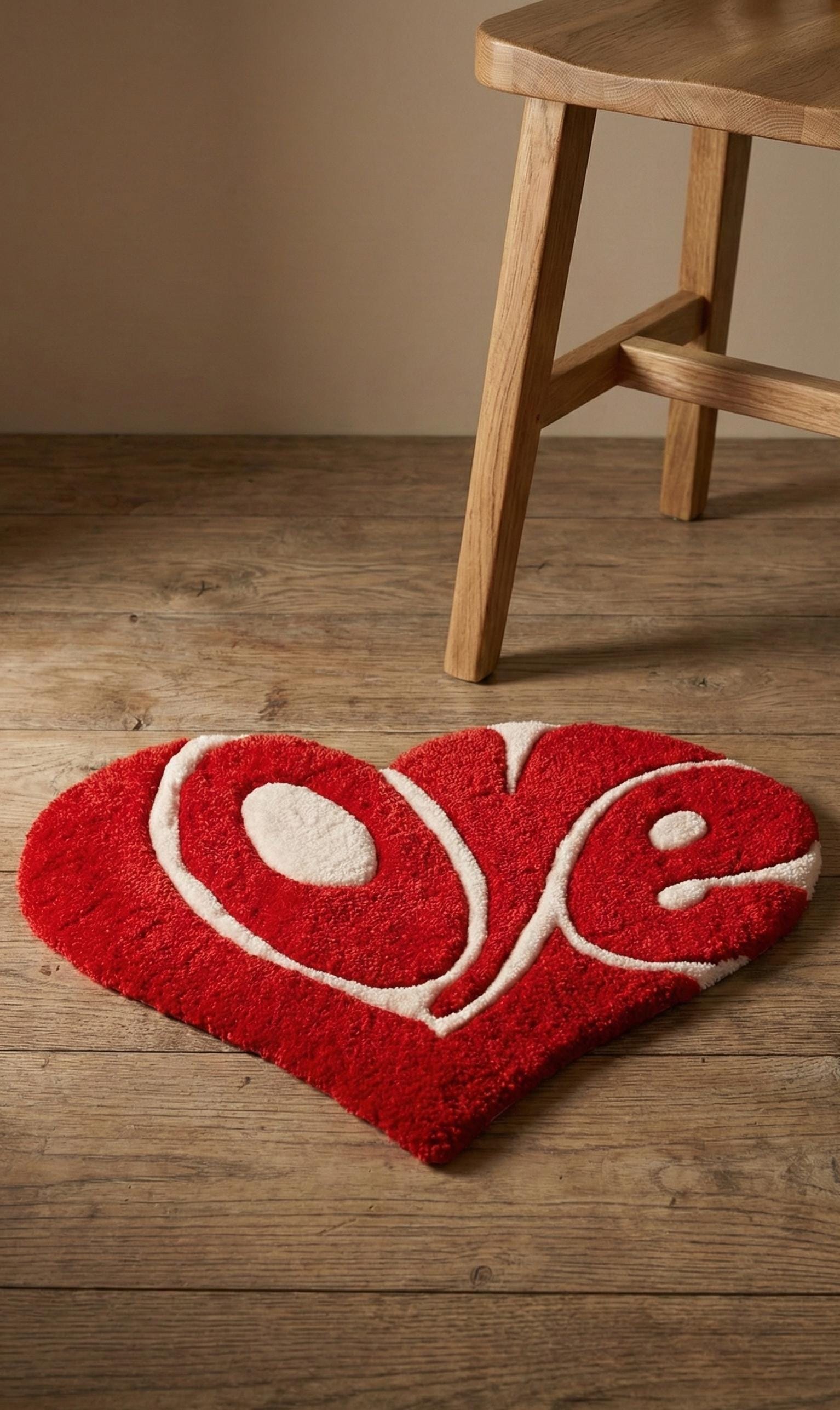 Hand-tufted Heart Rug With Custom Text “LOVE” Red and White Decorative ...