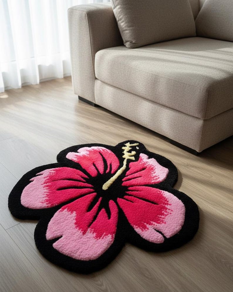 Hand-tufted Hibiscus Flower Area Rug Vibrant Hot Pink and Soft Blush ...