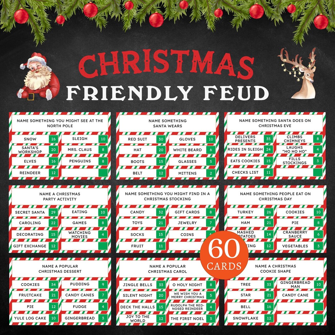 Christmas Friendly Feud Games - 60 Printable Party Cards, Holiday ...