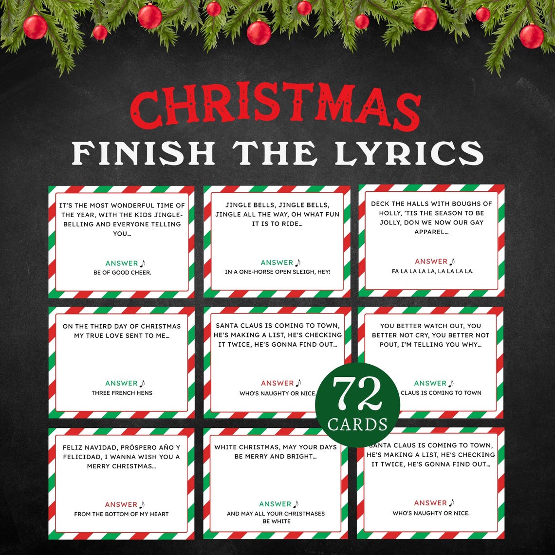Christmas Finish the Lyrics Game - 72 Printable Party Cards (PDF) - Etsy