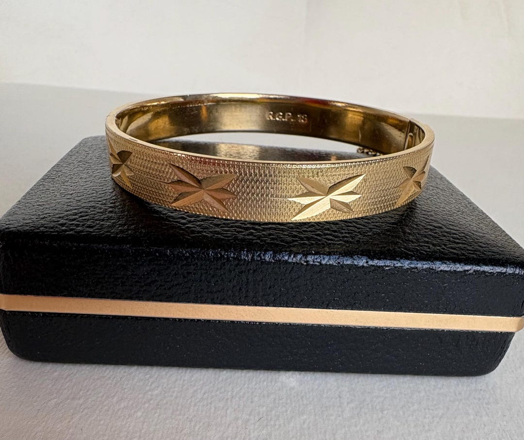 Vintage 18k Rolled Gold Bangle – Mid Century Starburst Cuff Bracelet ...