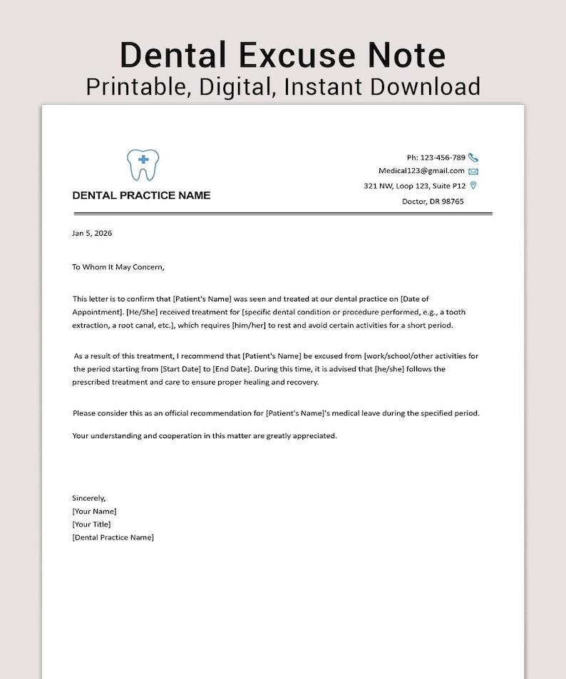 Editable Dental Excuse Note Template, Dentist Doctor Note (canva, MS ...