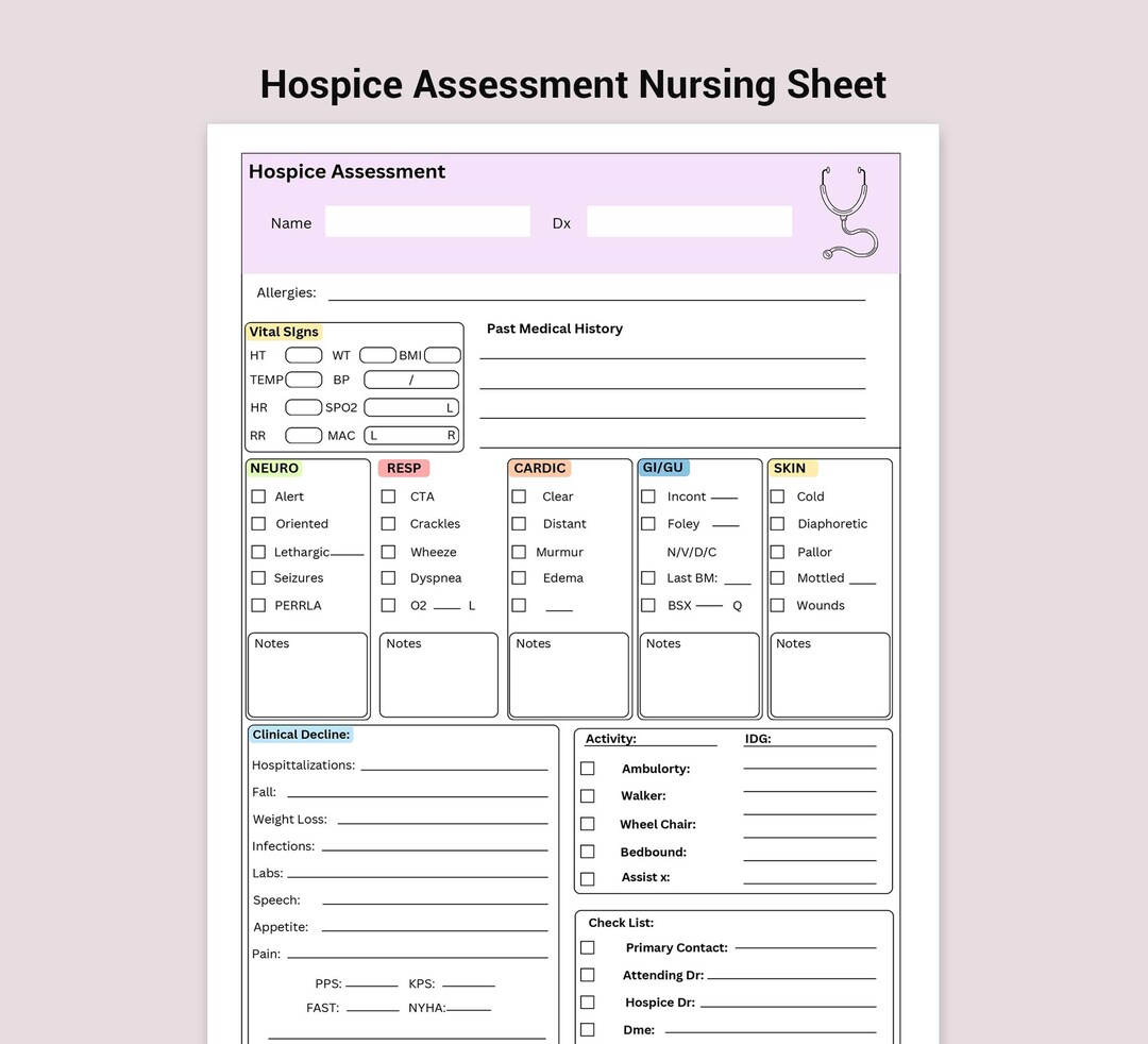 Hospice Assessment Sheet | Nurse Assessments, Nurse Forms & Hospice ...