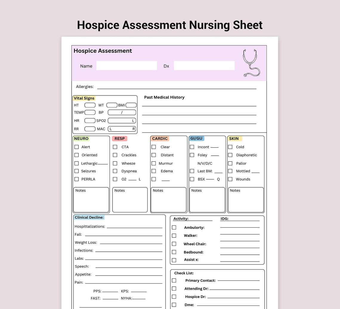 Hospice Nurse Assessment Sheet | RN Visit Form (PDF, Canva Edit) - Etsy