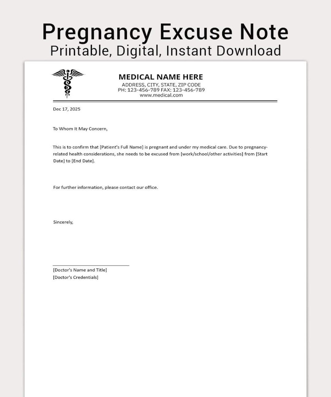 Pregnancy Doctor Excuse Note | Editable Medical Template (PDF, Word ...