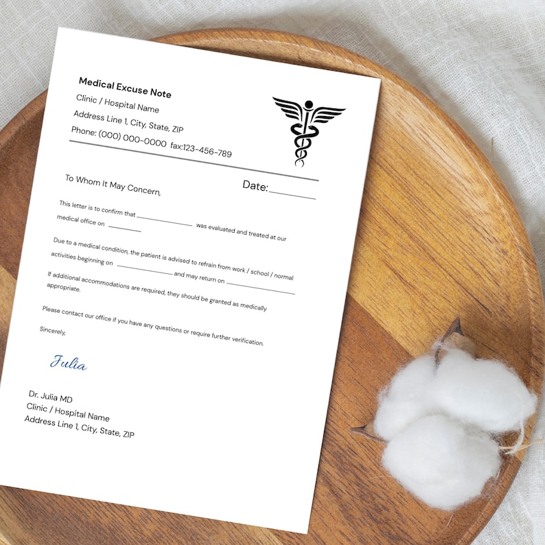 Printable Medical Excuse Note Template | Doctor Style Absence Form (PDF ...