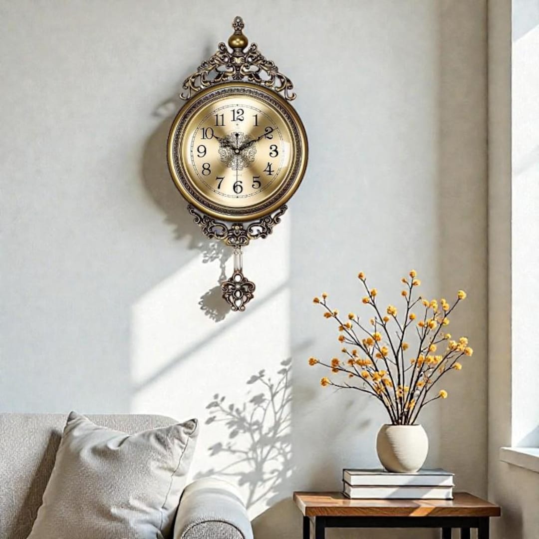 European Ornate Pendulum Wall Clock Silent Quartz Decorative Metal ...