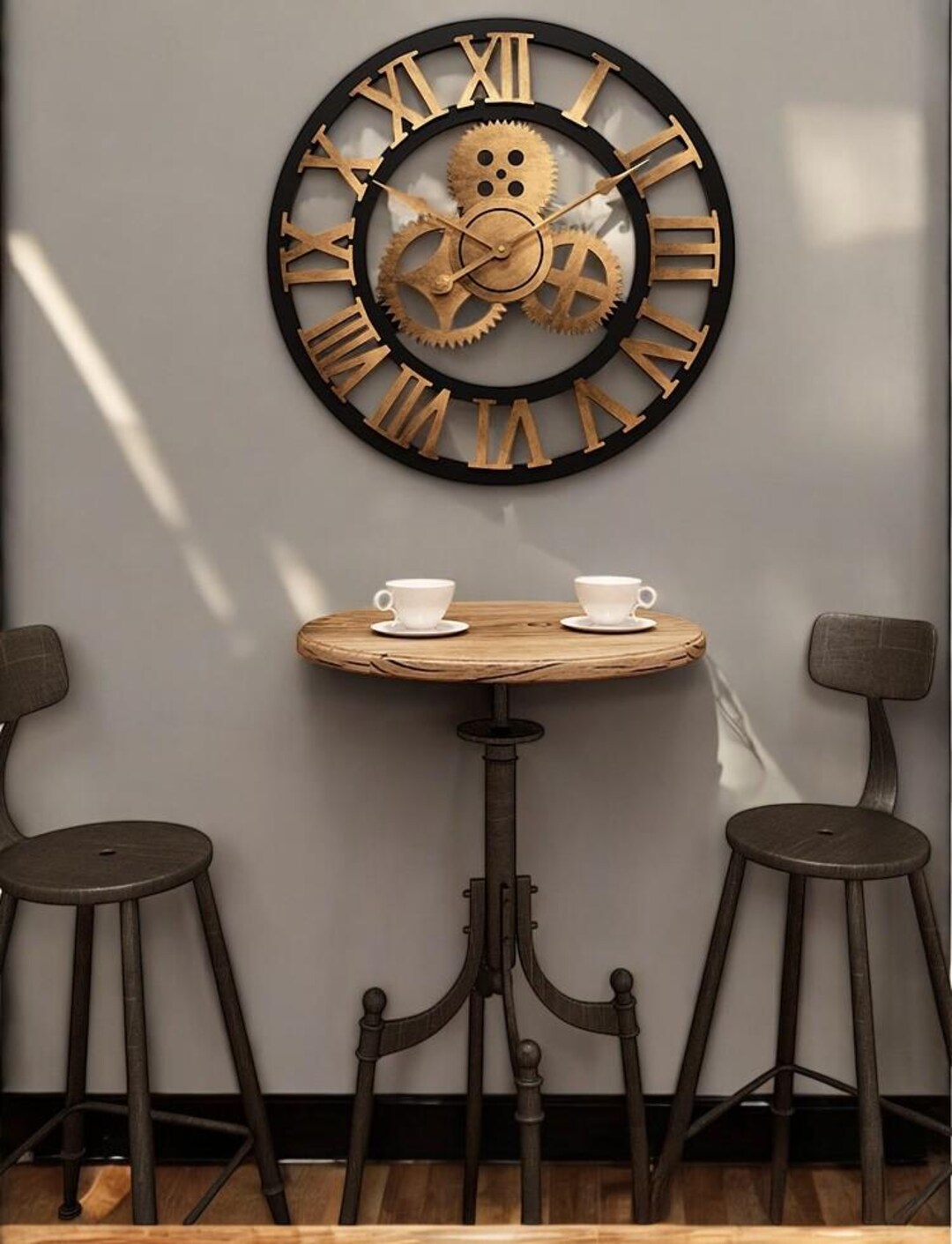 Large Industrial Roman Numeral Wall Clock With Metal Gear Design for ...