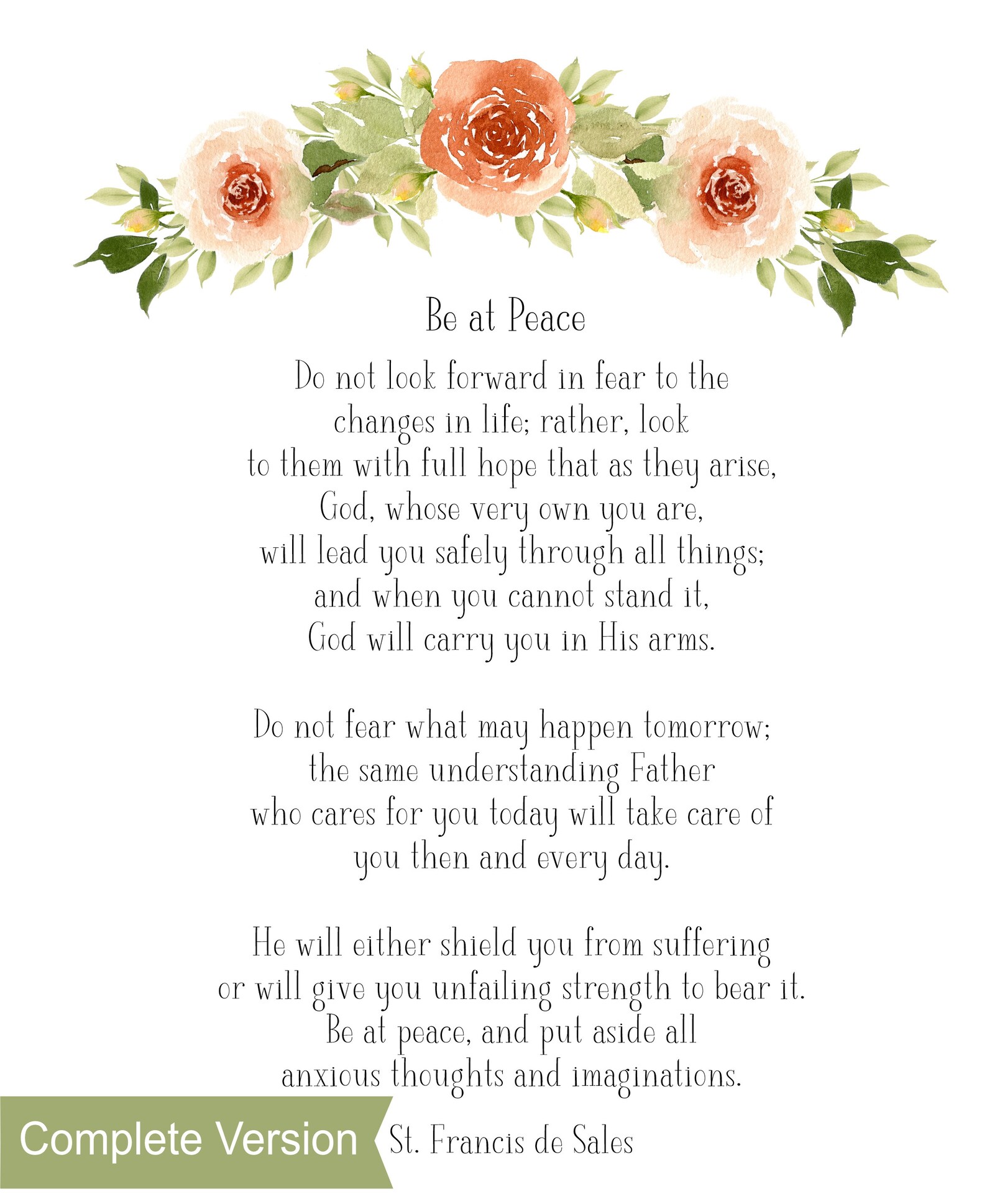 St Francis De Sales Prayer - Be at Peace, Confirmation Gift for Girl ...