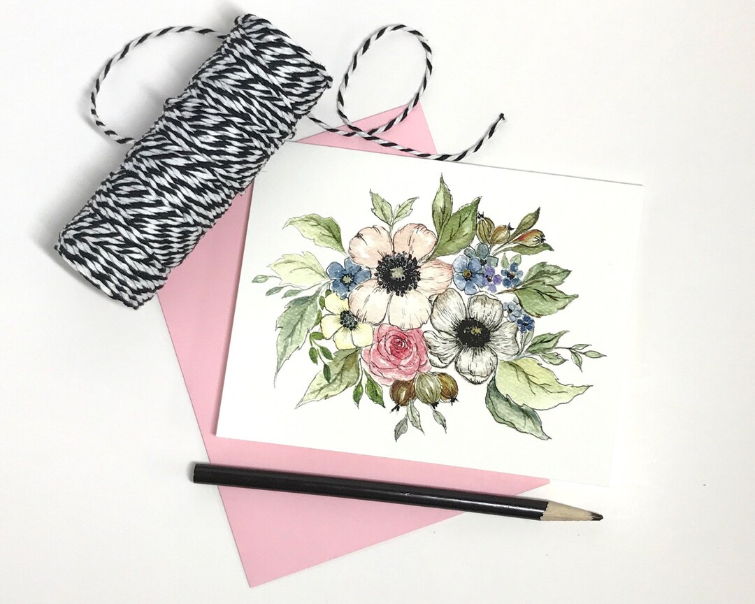 Note Card, Original Watercolor Floral Greeting Card With Pink Envelope ...