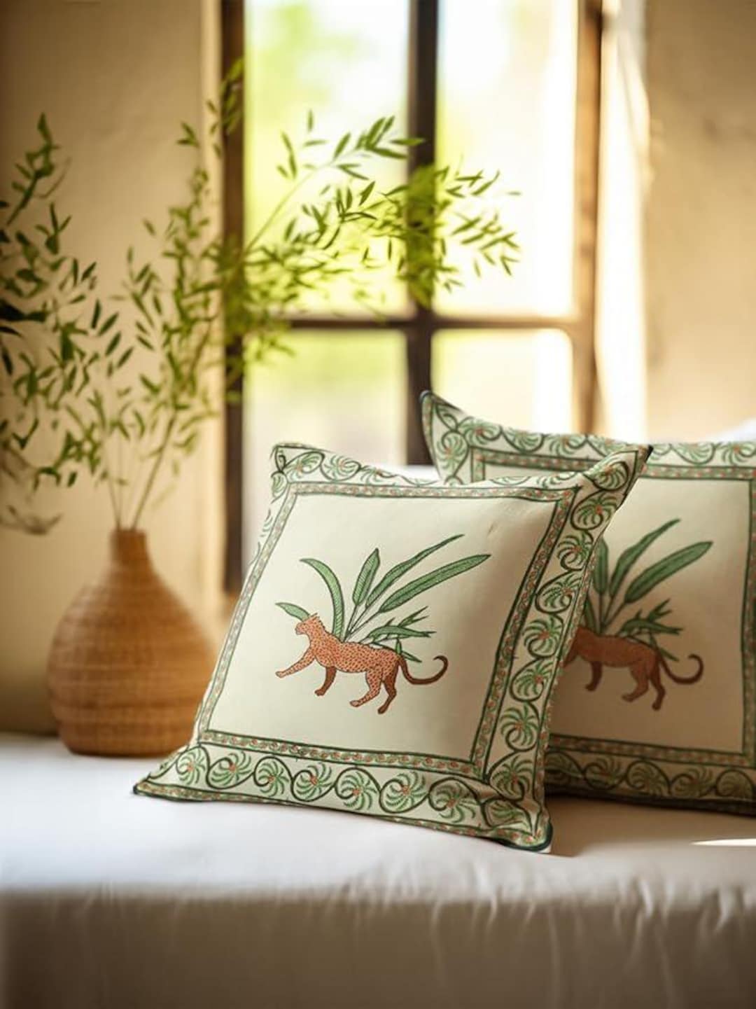 Royal Jungle Cheetah Block Print Border Pillow Cover, Cotton Cushion ...