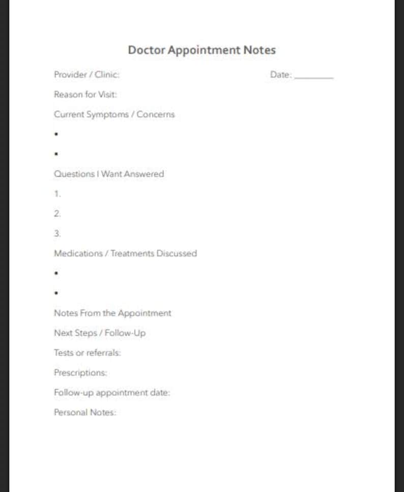 Doctor Appointment Notes Printable – Medical Visit Organizer | Instant ...