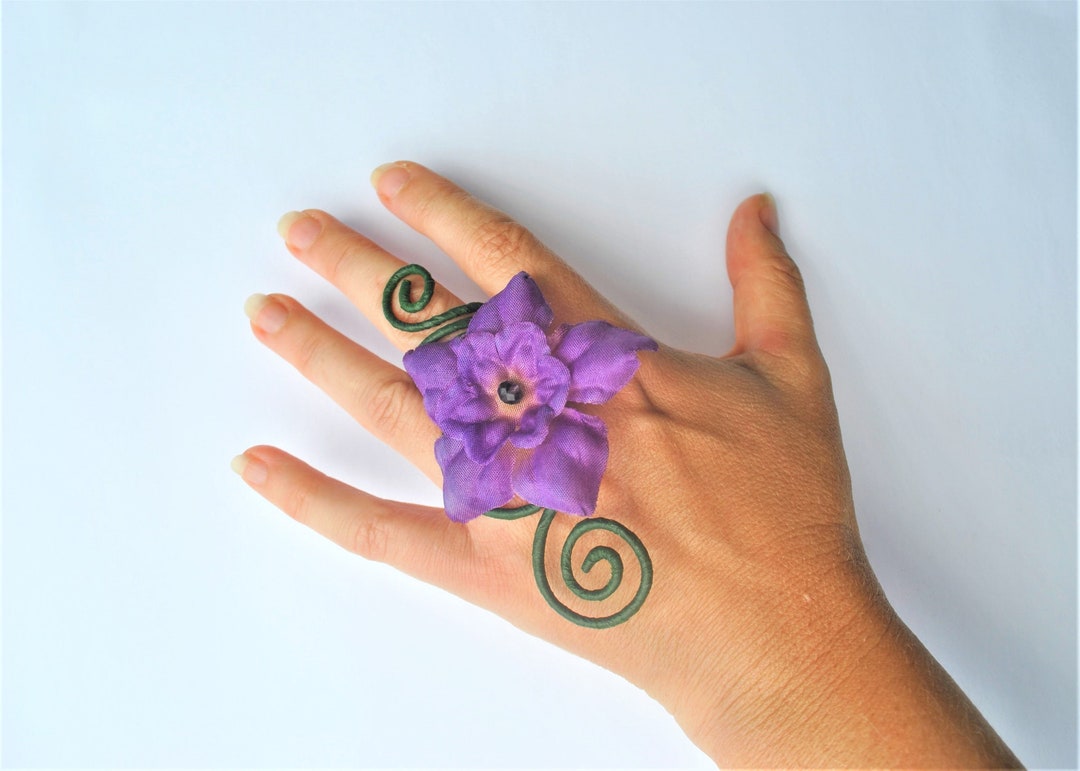 Dark Purple Flower Ring Hand Corsage Whimsical Fairy Bride Bridesmaid ...