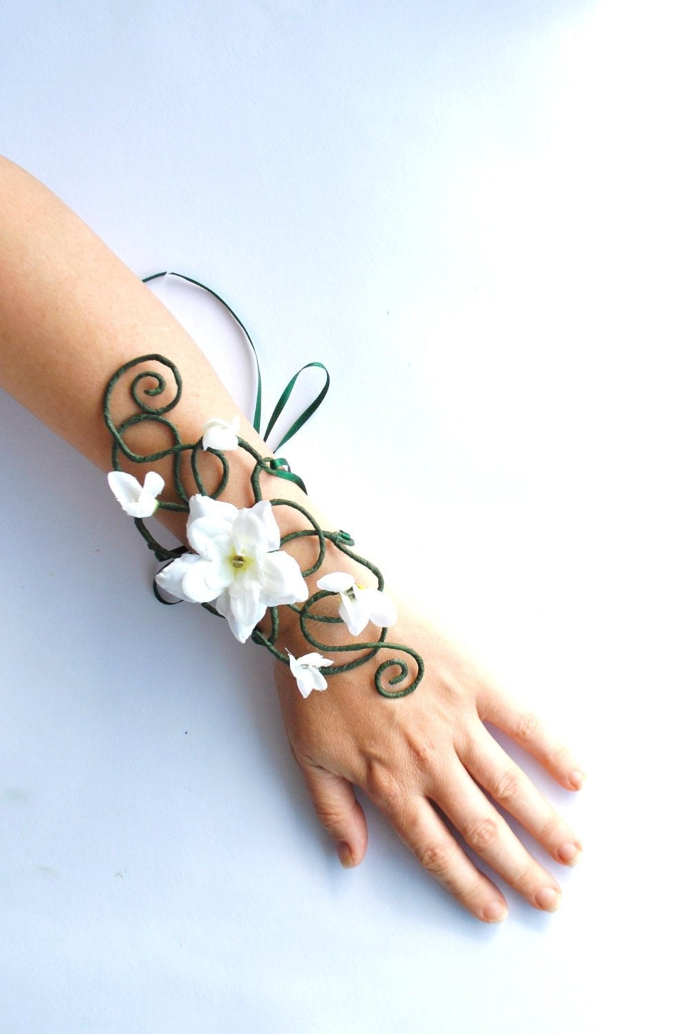 White flower green vine arm cuff arm wrap bracelet prom | Etsy