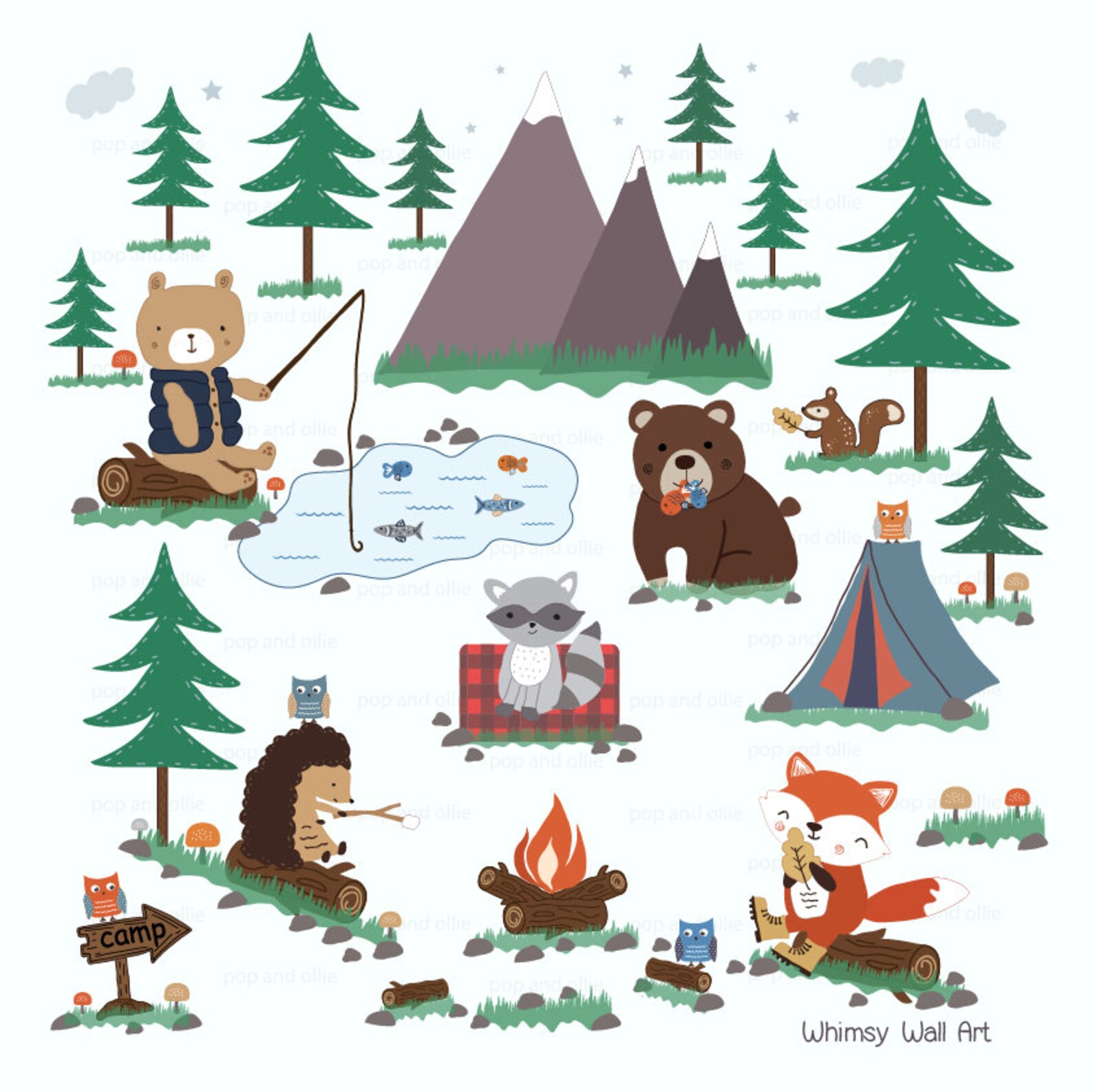 Kids Wall Decals Camping Forest Animals, Fishing, Mountains - Vinyl ...