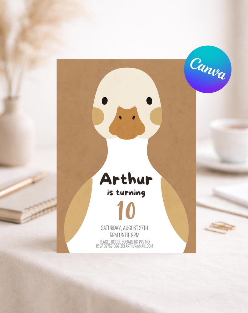 Editable Canva Duck Birthday Invitation Template, Goose Farm Animal ...