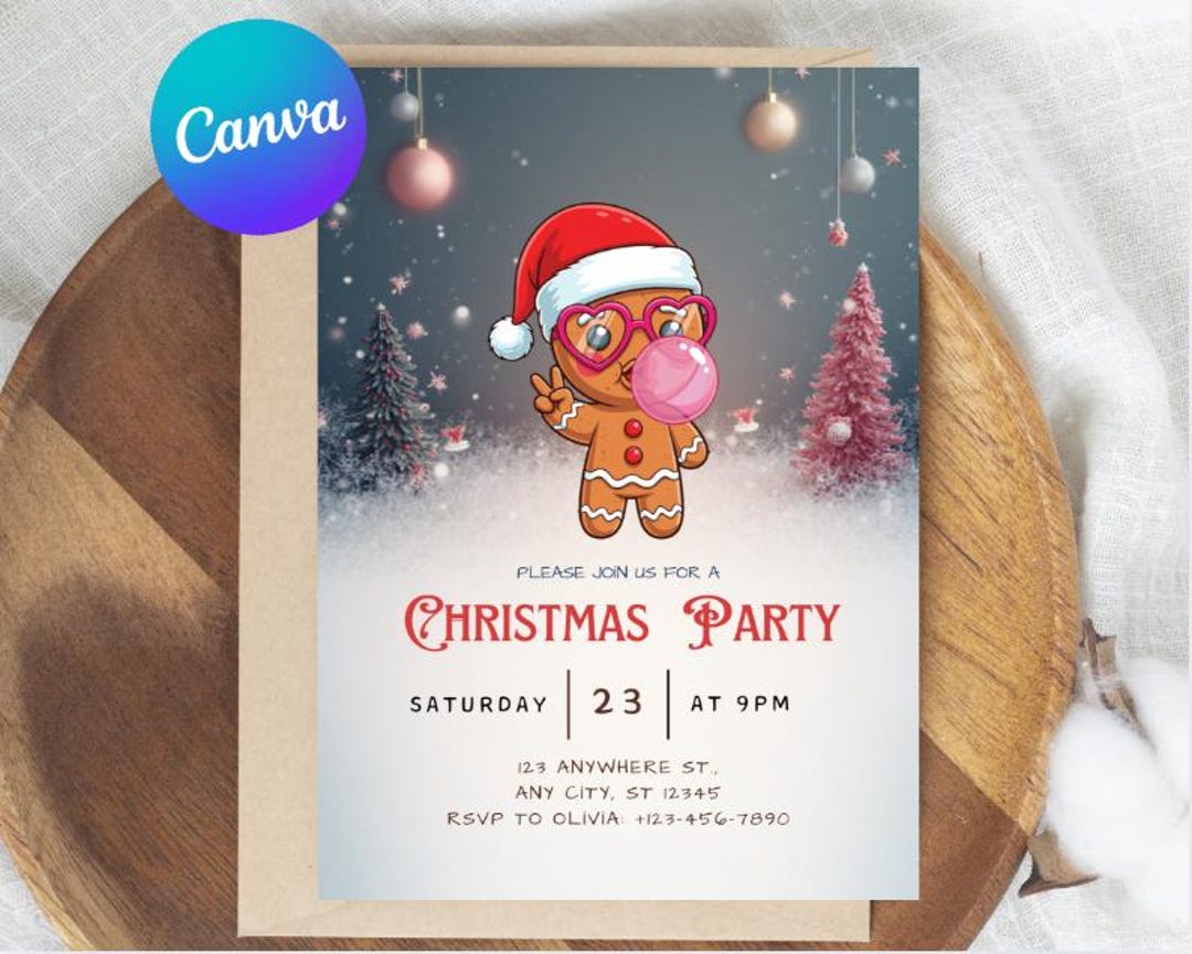 Editable Gingerbread Man Christmas Party Invitation, Canva Template ...
