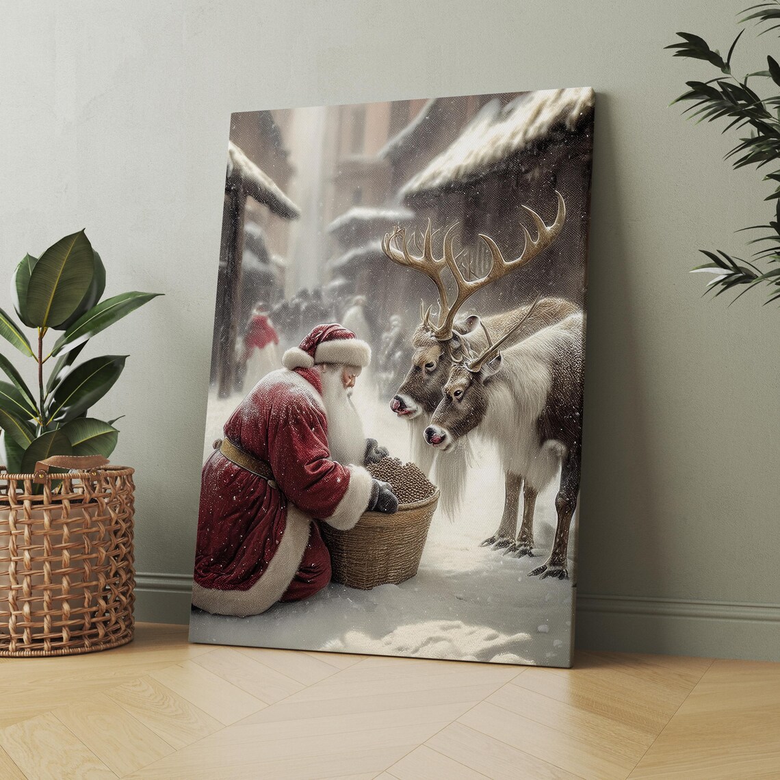 Santa and Reindeer Wall Art: Vintage Christmas Scene - Rustic Holiday ...