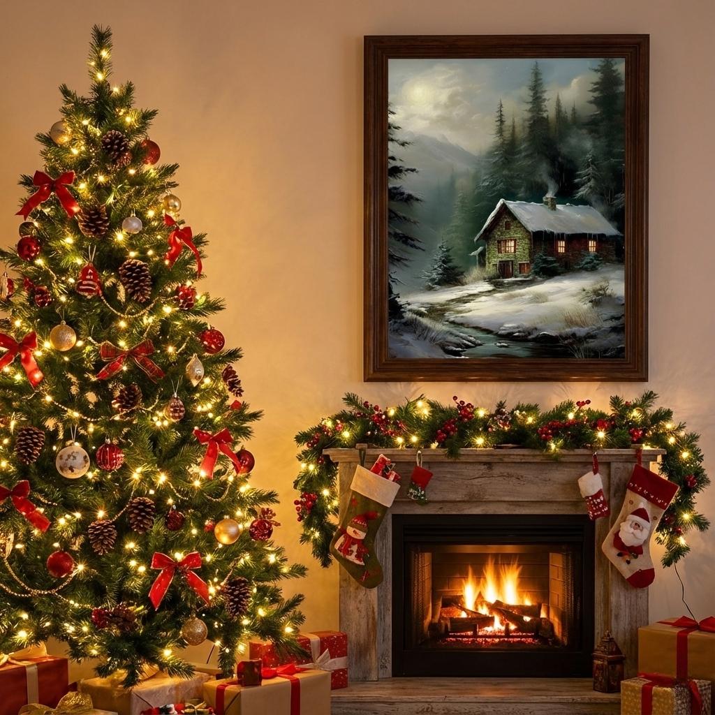 Winter Cabin Landscape Art Print | Snowy Forest Cottage Painting | Cozy ...