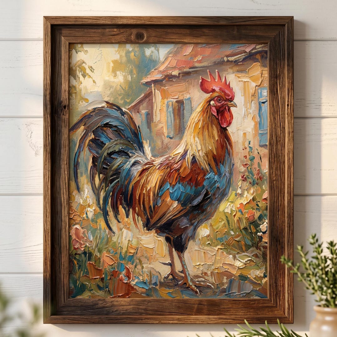 Impasto Rooster Oil Painting Print | Farmhouse Kitchen Wall Art ...