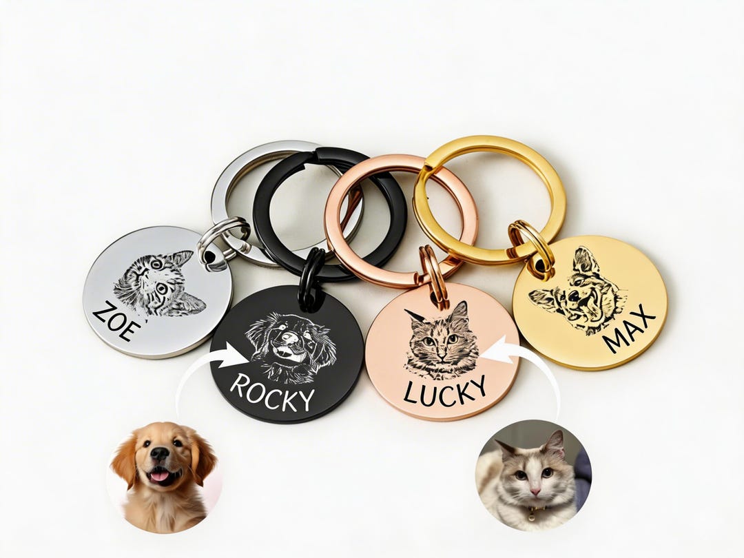 Custom Pet Photo Keychain, Engraved Dog Cat Portrait Keyring ...