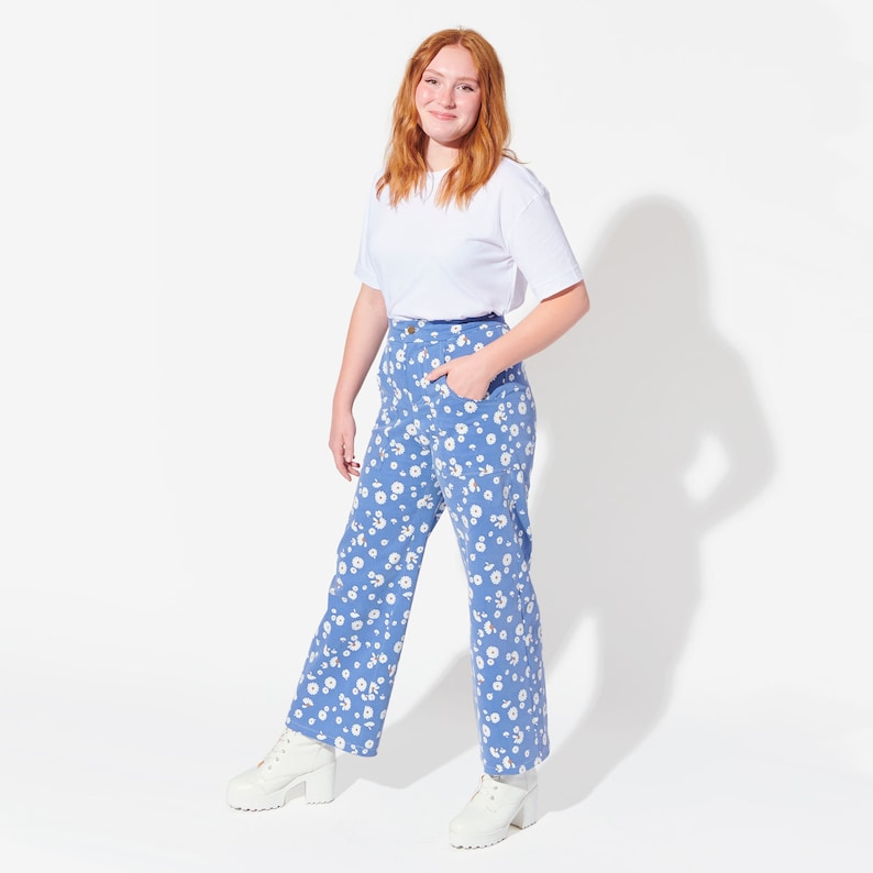Daisy Wide Leg Jeans Blue Floral High Waisted Pants - Etsy