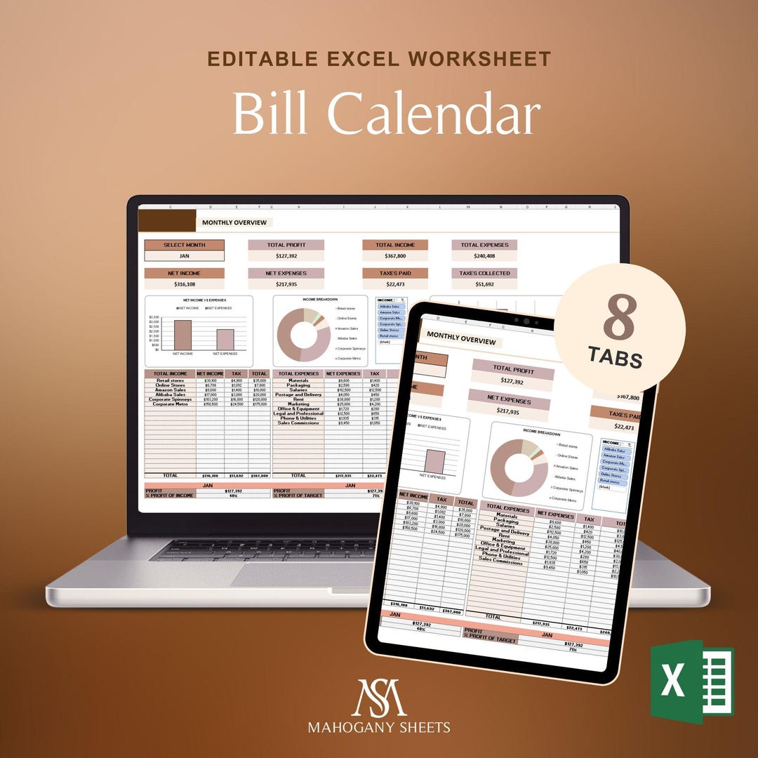 Bill Tracker Spreadsheet Excel | Monthly Bill Calendar and Payment ...