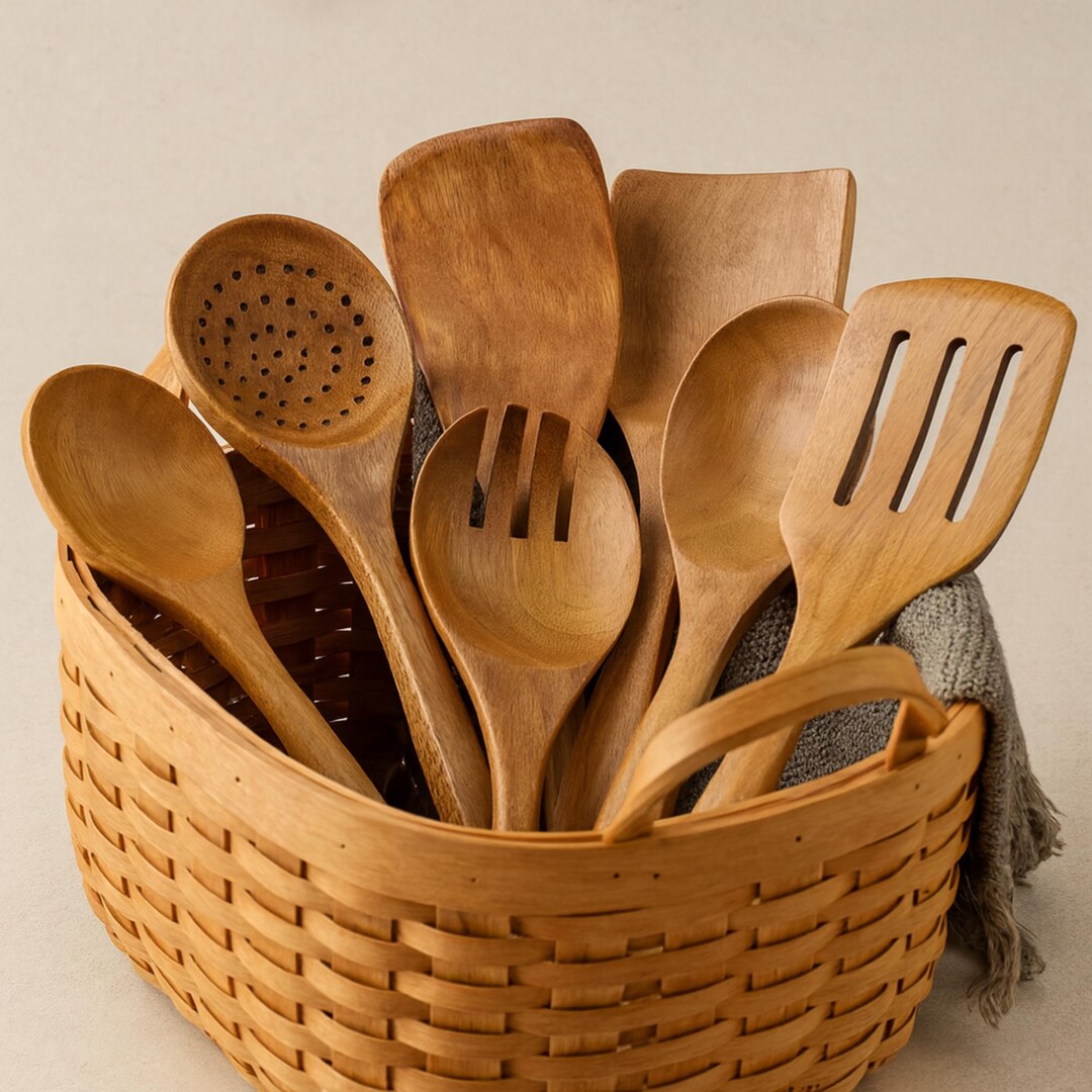 7/9pc Teak Wooden Cooking Utensils Set | Natural Wood Spoons With ...