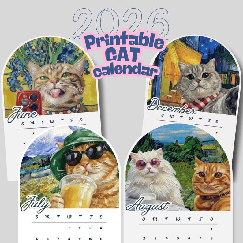 Cat 2026 Desk Calendar Printable , Mini Desk Calendar Card , Funny Van ...