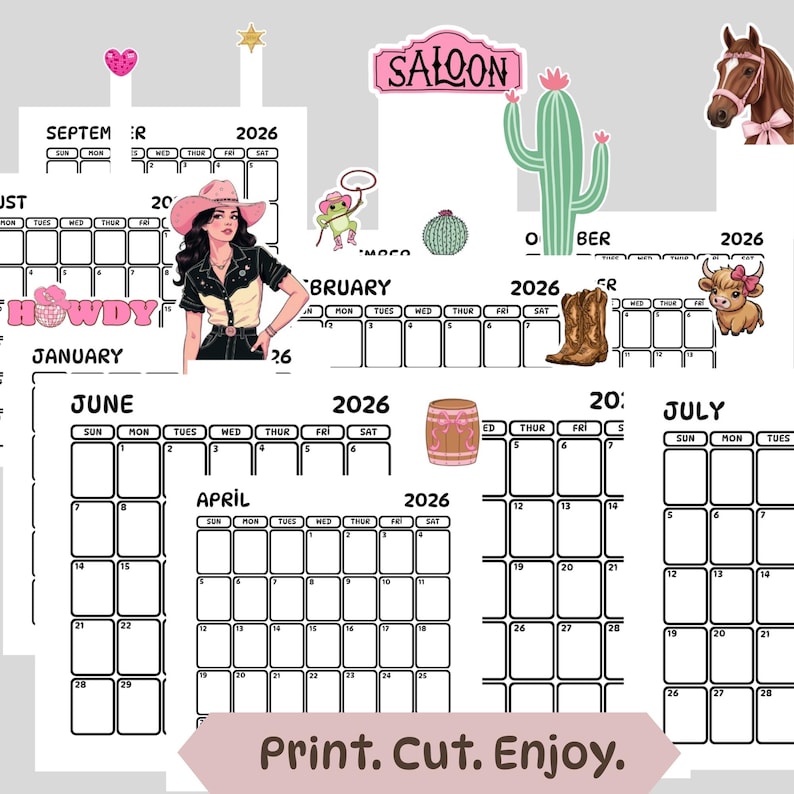 Coquette Cowgirl Desk Calendar 2026 Printable | 2026 Mini Planner ...