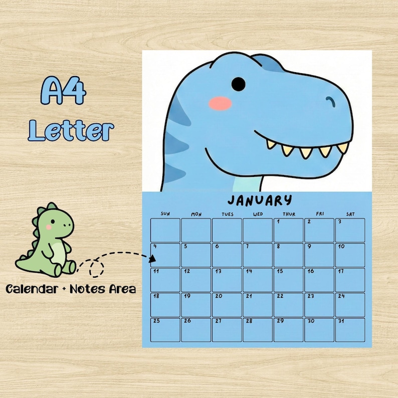 2026 Dinosaur Calendar Printable for Boys | Kids Dino Planner With ...