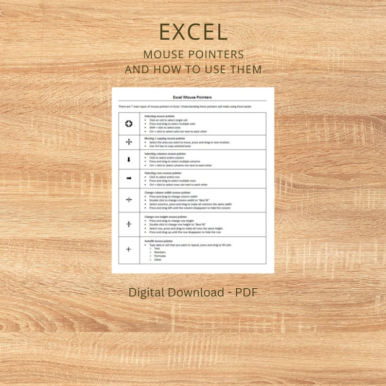 Excel Mouse Pointer Cheat Sheet | Shortcuts | Printable | Download - Etsy Excel Mouse Pointer Cheat Sheet | Shortcuts | Printable | Download - Etsy