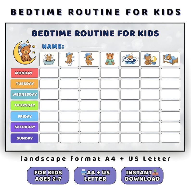 Kids Bedtime Routine Chart – Printable Toddler Tracker (PDF) - Etsy
