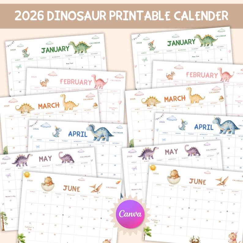 Dinosaur Theme 2026 Kids Calendar Printable | for Toddlers & Preschool ...