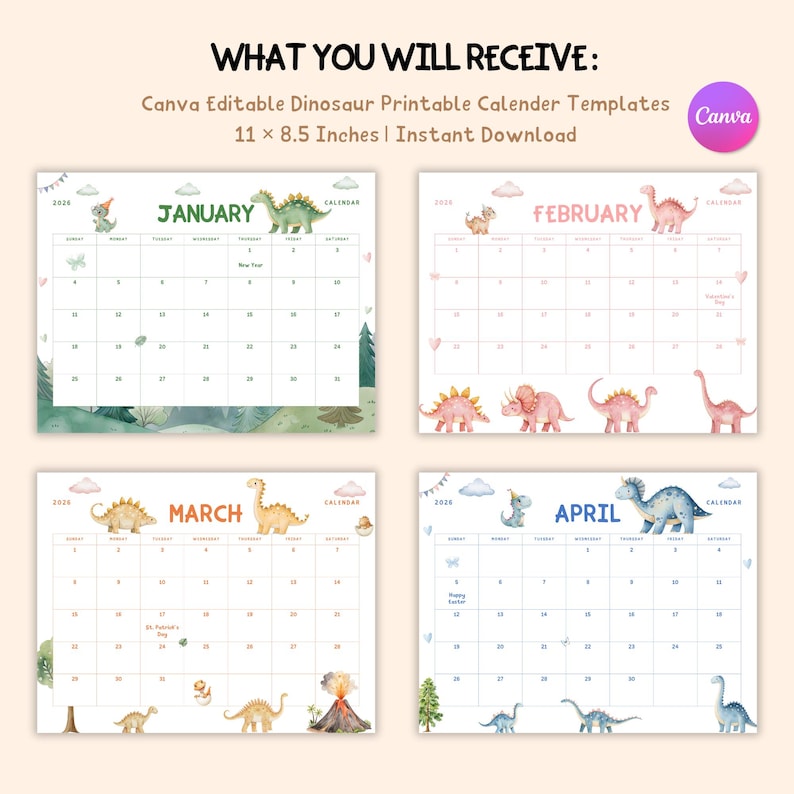 Dinosaur Theme 2026 Kids Calendar Printable | for Toddlers & Preschool ...