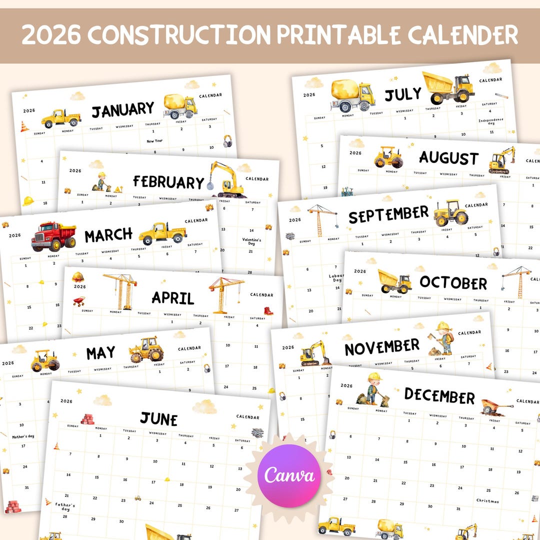 Construction Vehicle Theme 2026 Kids Printable Calendar - Etsy