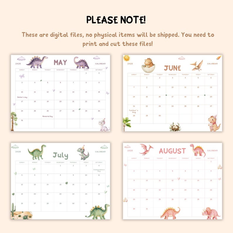 Dinosaur Theme 2026 Kids Calendar Printable | for Toddlers & Preschool ...