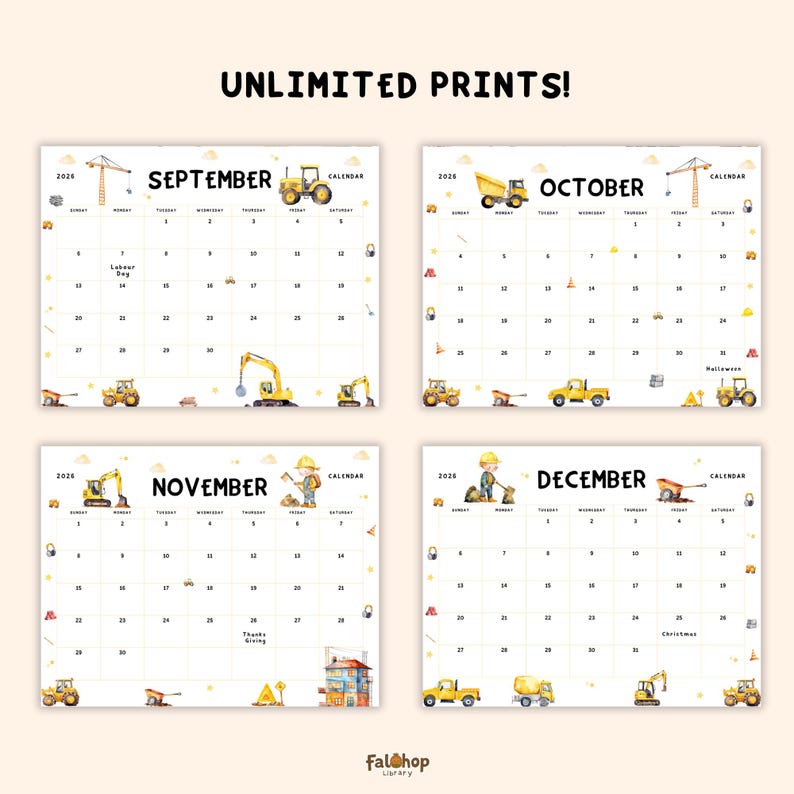 Construction Vehicle Theme 2026 Kids Printable Calendar - Etsy