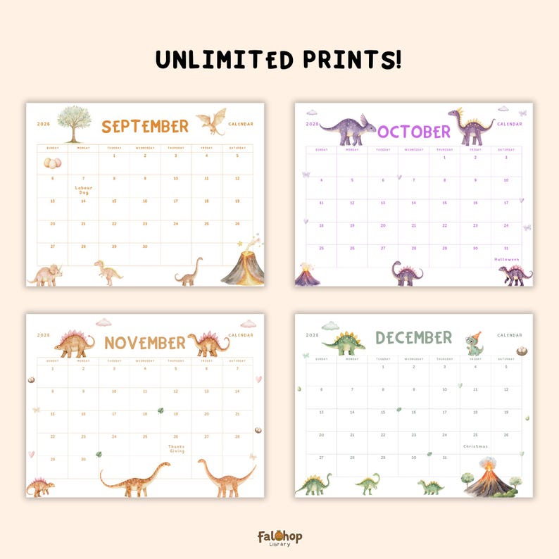 Dinosaur Theme 2026 Kids Calendar Printable | for Toddlers & Preschool ...
