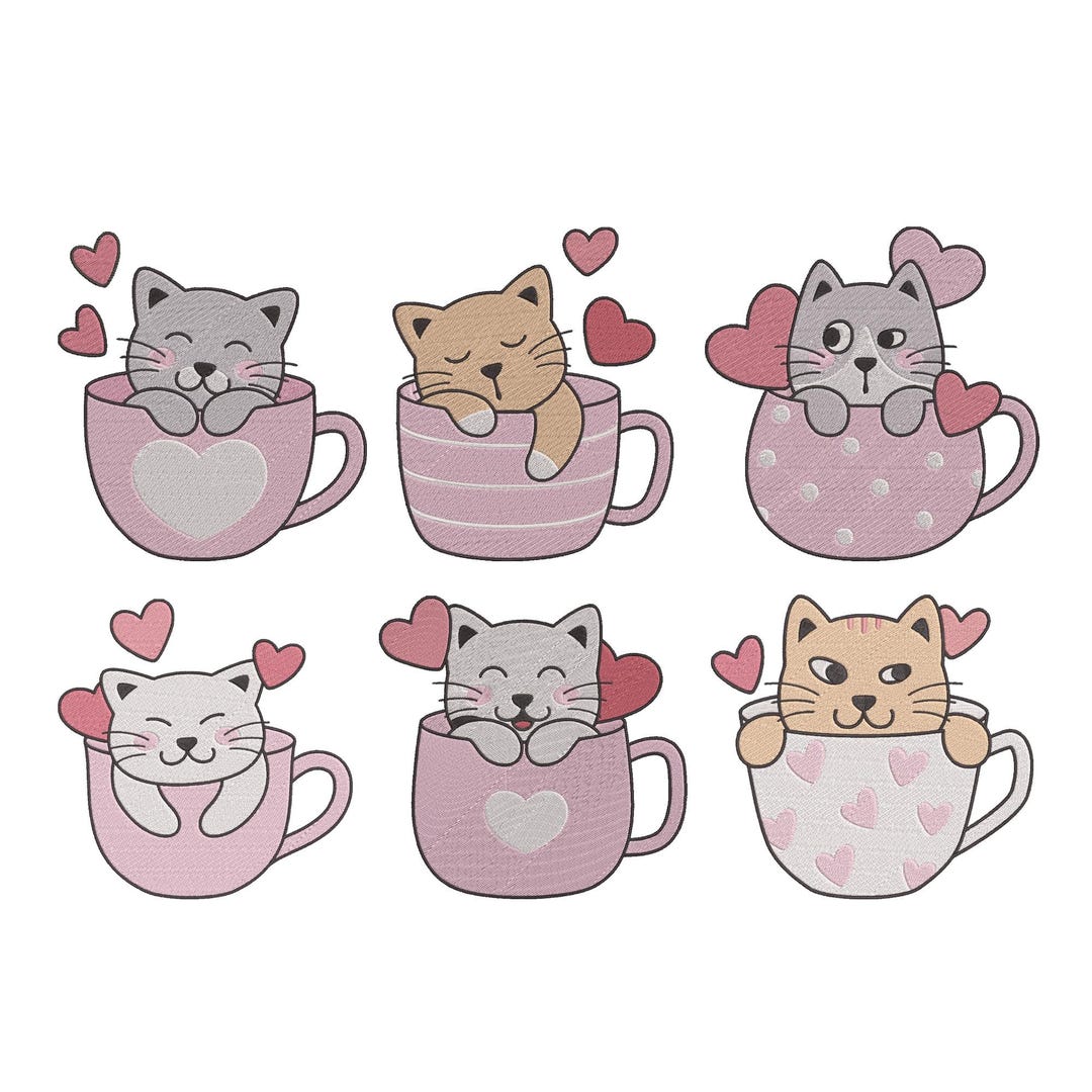 Cat Mug Machine Embroidery Design, Set of 6, Instant Download - Etsy
