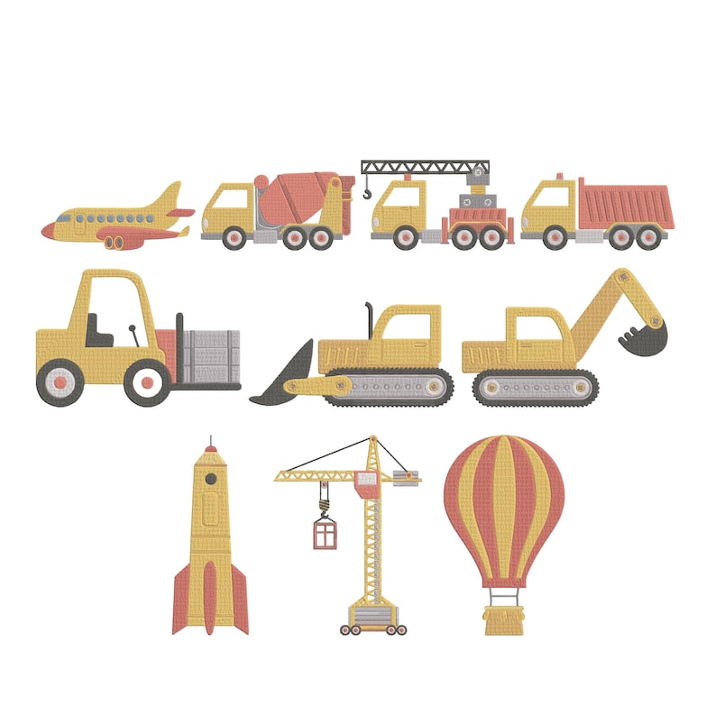Construction Vehicles Machine Embroidery Design, Set of 10, Instant ...