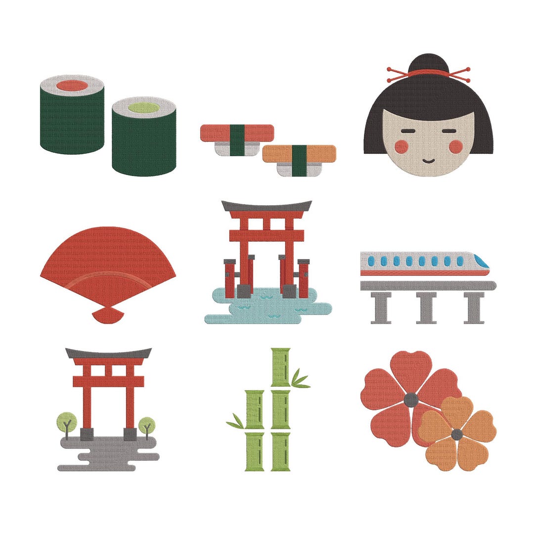 Japanese Icons Machine Embroidery Design, Set of 9, Instant Download - Etsy