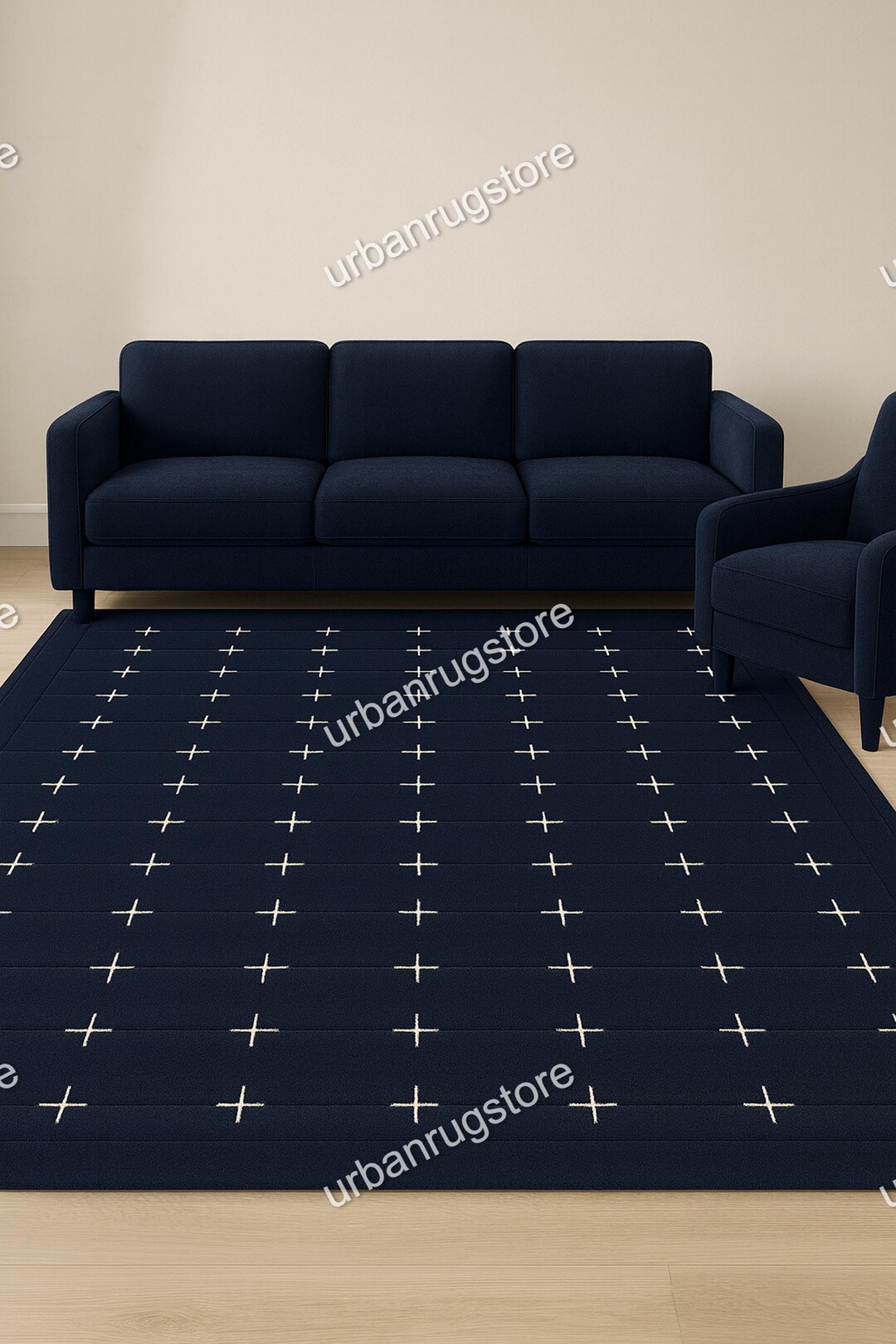 Navy Blue Check Area Rug, Modern Grid Carpet, Minimalist Living Room ...